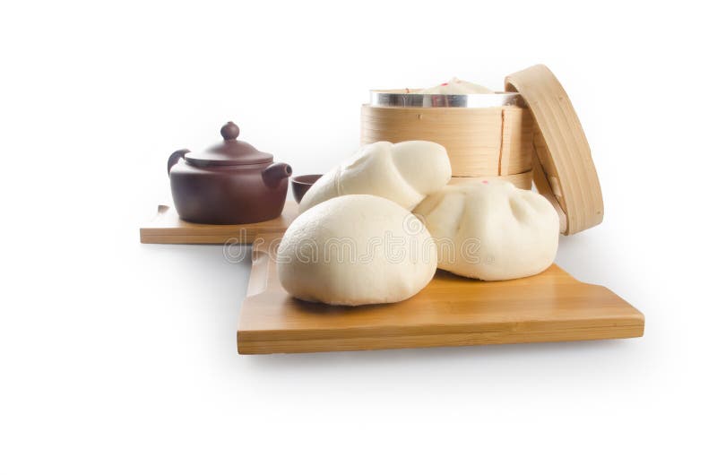 Pao or Dim Sum in Bamboo Steamer with Chinese Bun. Stock Image - Image ...