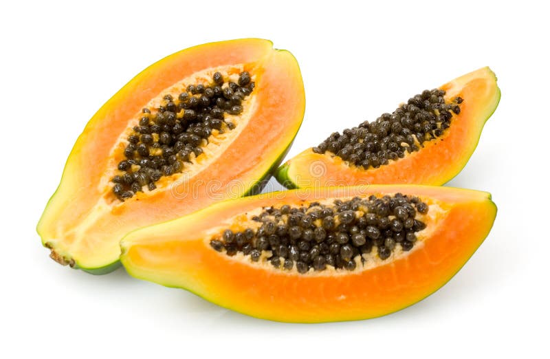 Whole and Half of Ripe Papaya Fruit with Seeds on White Stock Photo ...