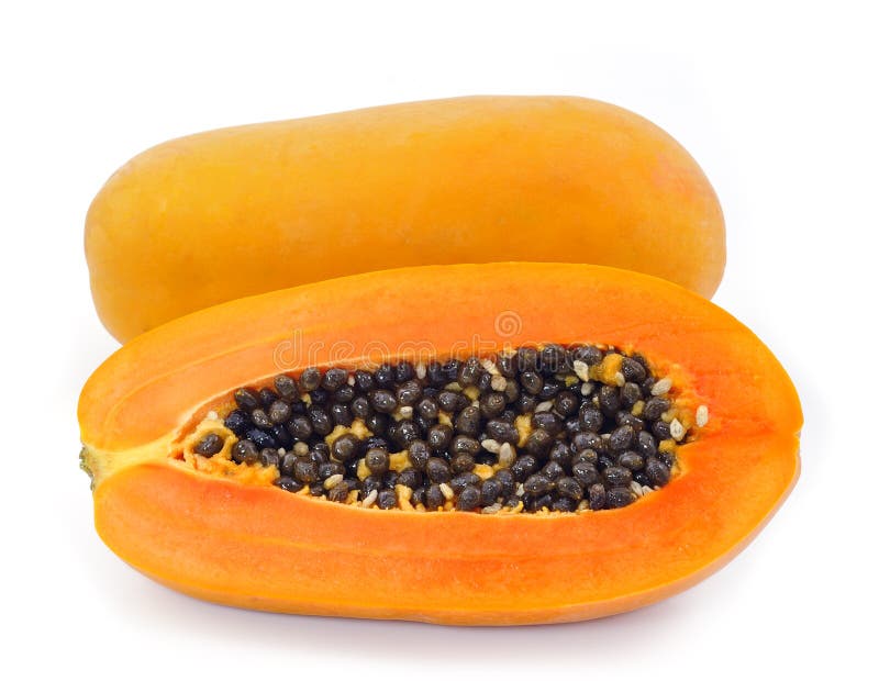 Whole and Half of Ripe Papaya Fruit with Seeds on White Stock Photo ...