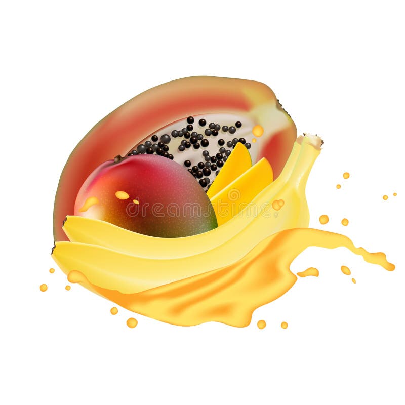 Papaya, Banana, Pineapple, Mango Juice Splash Realistic 3d Vector Stock ...