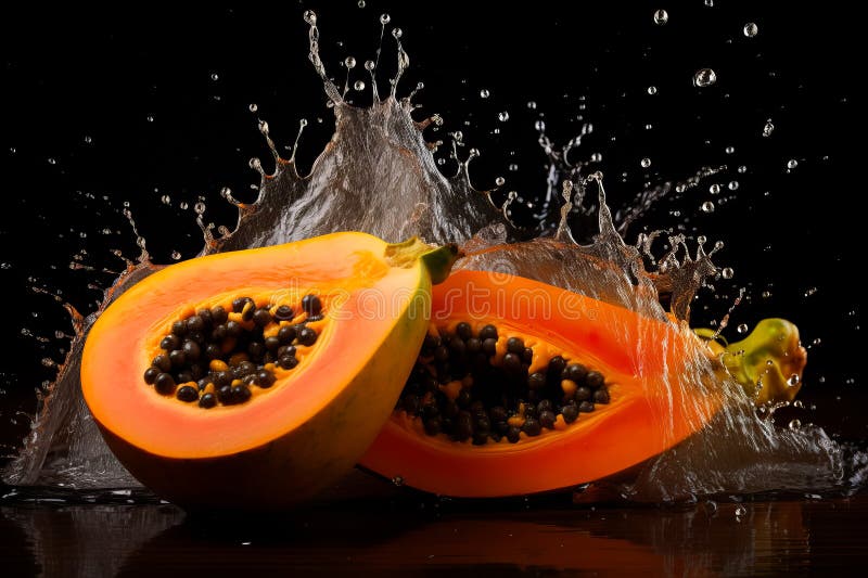 Papaya Fruit with Water Splash Isolated on a Black Background. Tropical ...