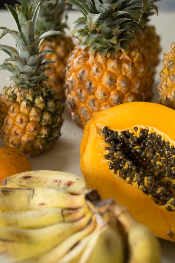 Papaya, Pineapple, Mango, Bananas, Exotic Fruits on the Table. Stock ...