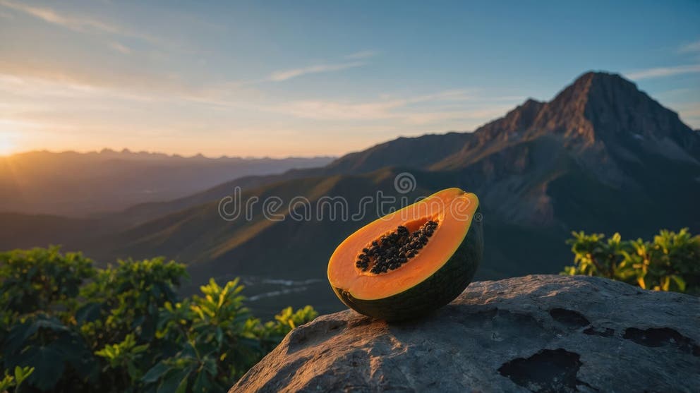 Juicy Papaya Half at Sunrise Mountaintop: a Vibrant Tropical Treat ...