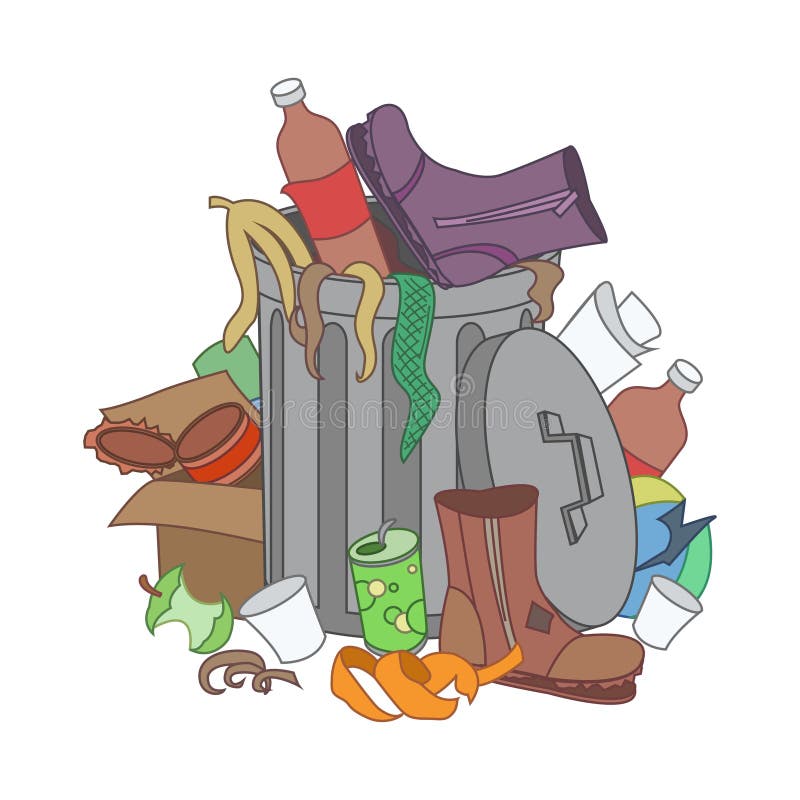 Cubo De La Basura Por Completo De Basura Que Desborda Ilustración Del