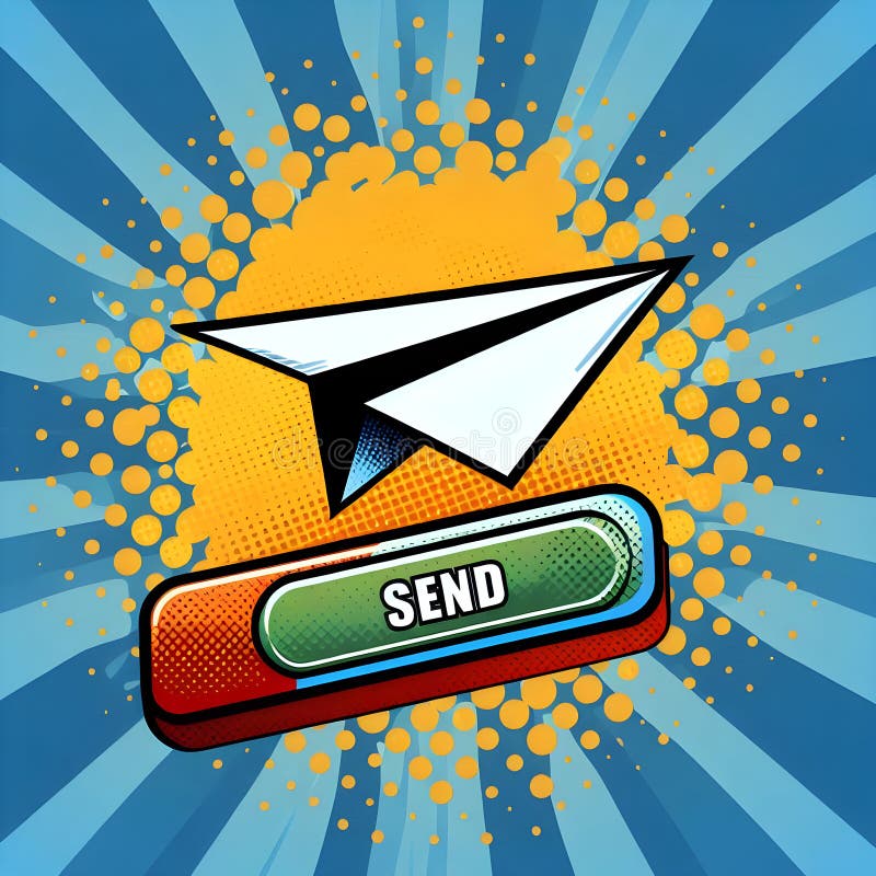 Paper Airplane Flying Over Send Button with Comic Style Background ...
