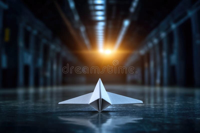 Paper Airplane on Reflective Floor Illuminated by Dramatic Lighting in ...