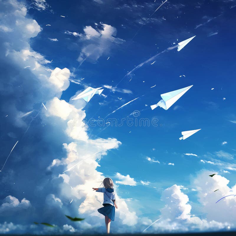 Paper Airplane in the Sky in Anime Style Stock Illustration ...