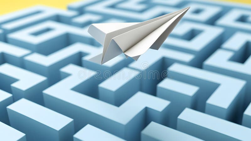 Paper Airplane Soaring Above Complex Blue Maze 3D Royalty Free Image ...