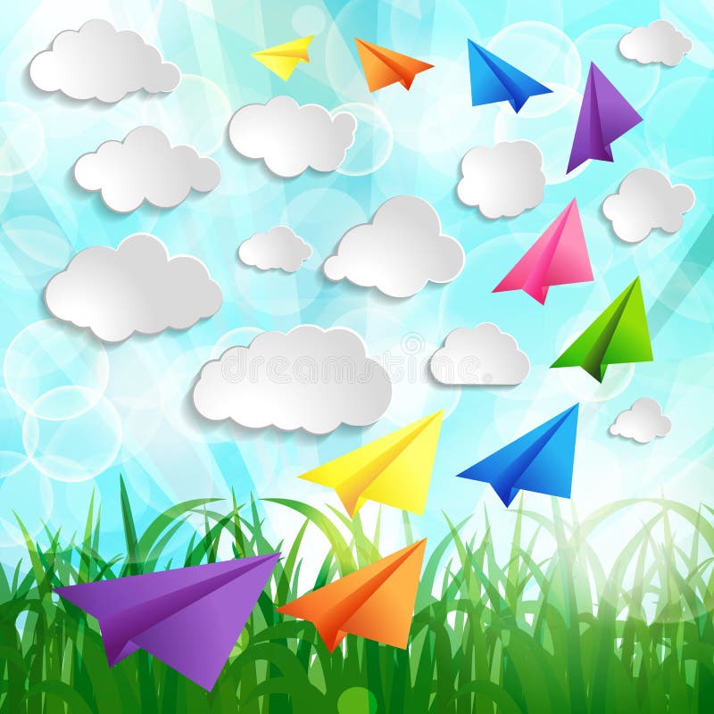 Paper Airplanes with Clouds on on a Natural Green Abstract Background ...