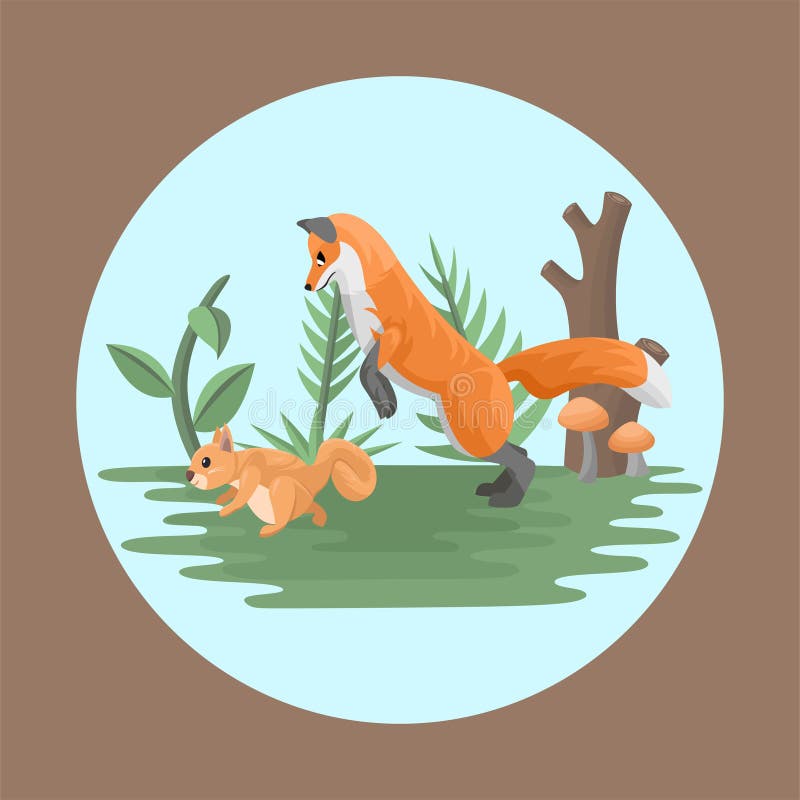 Fox Chasing Squirrel Animal Couple Flat Vector Colorful with Nature ...
