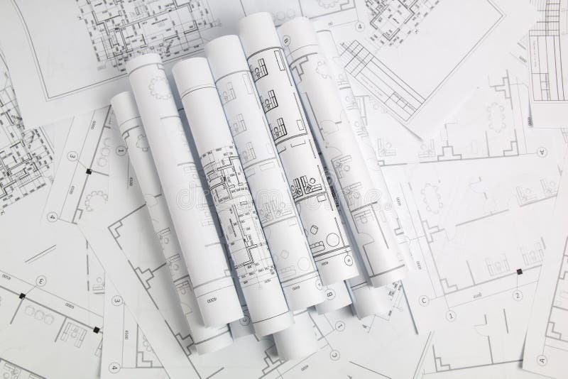 Paper Architectural Drawings, Blueprint, Ruler and Pencil. Engineering ...