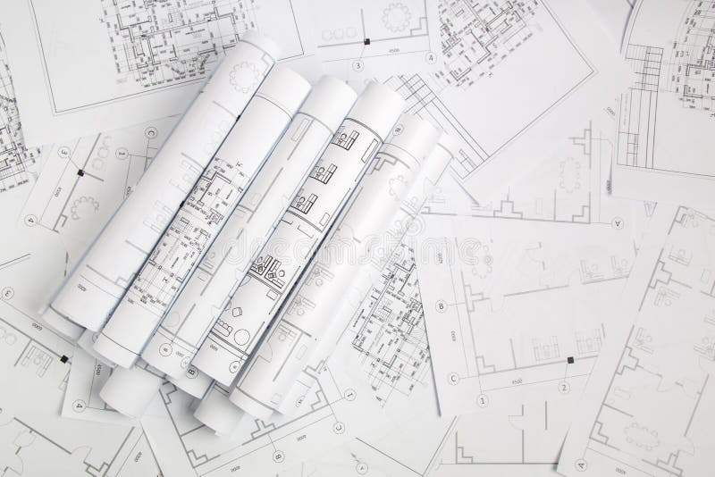 Paper Architectural Drawings and Blueprint. Engineering Blueprint Stock ...