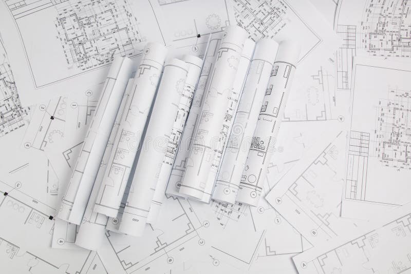 Paper Architectural Drawings and Blueprint. Engineering Blueprint Stock ...