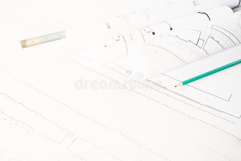 Paper Architectural Drawings, Blueprint and Pencil. Engineering ...