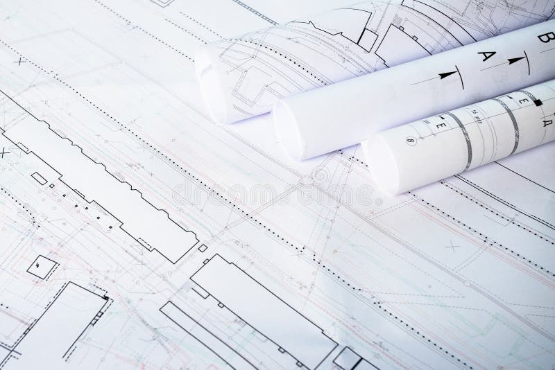Paper Architectural Drawings and Blueprint. Engineering Blueprint Stock ...