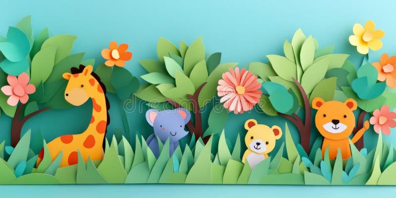 Paper Art Banner of Trees and Zoo Animals. Stock Illustration ...
