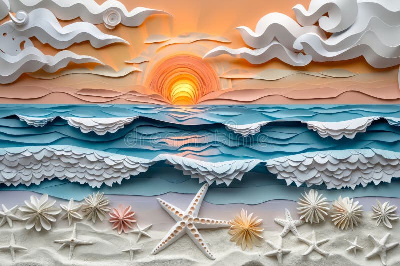 A Paper Art of a Beach Scene with Starfish and Shells. Generative AI ...