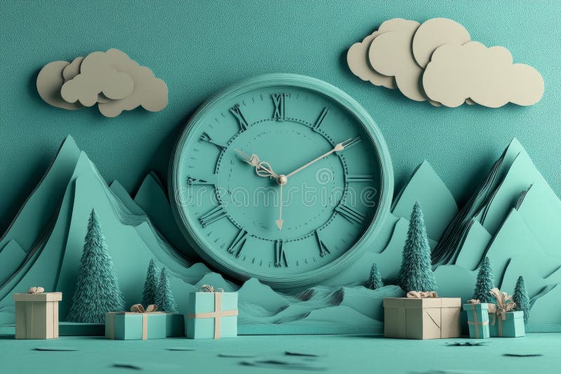 A Paper Art Display of a Clock, Mountains, Trees, and Gift Boxes ...