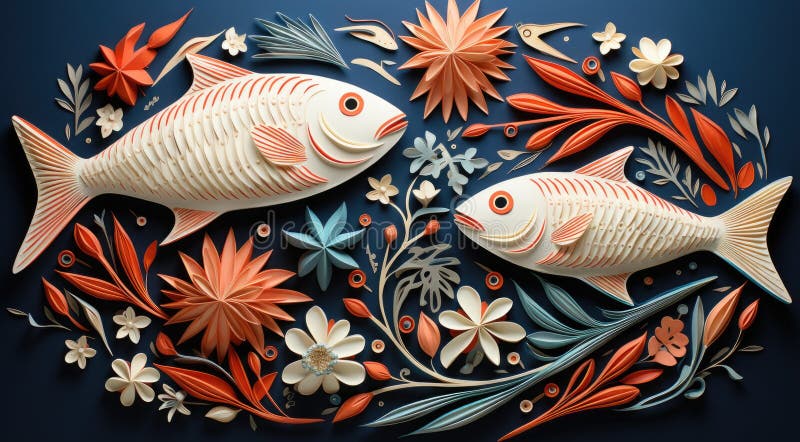 Paper Art Fish and Flowers, AI Stock Photo - Image of backdrop, cute ...