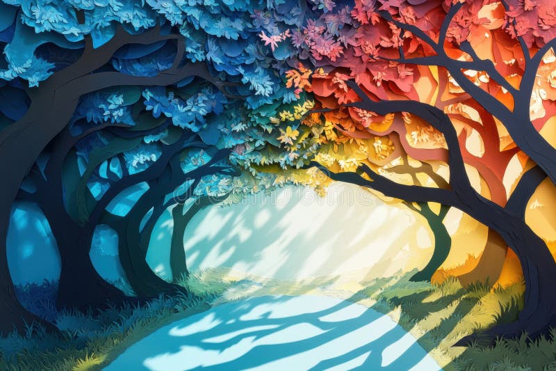 Paper Art Illustration, Colorful Paper Cutouts Create Tree Canopy with ...