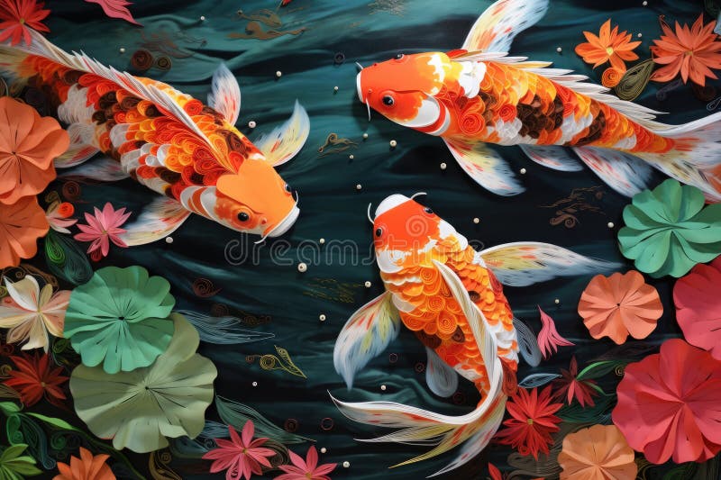 Paper Art Koi Fish Swimming in a Pond Stock Illustration - Illustration ...