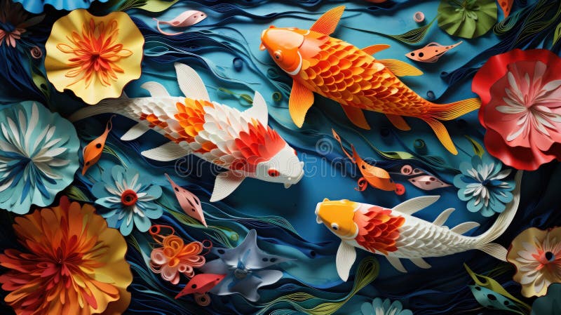 Paper Art Koi Fish Swimming in a Pond Stock Illustration - Illustration ...