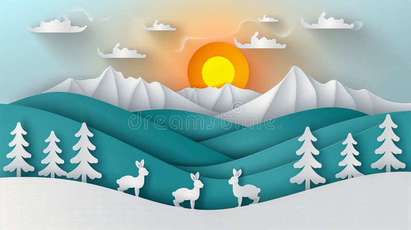 Paper Art Landscape with Deer and Mountains Stock Illustration ...
