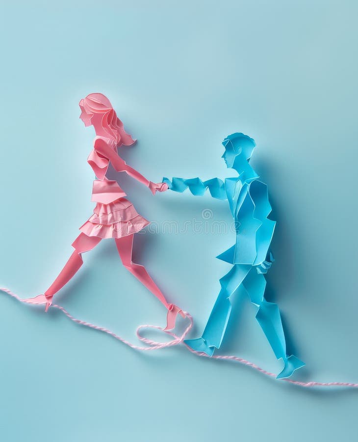 Paper Art of a Man Being Pulled Up by a Woman in Pink and Blue Colors ...