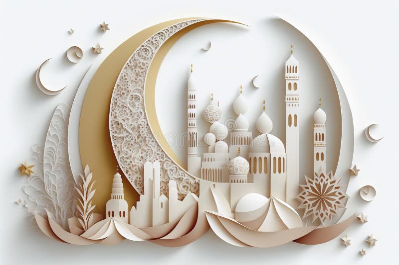 Paper Art. Mosque and Crescent Islamic Moon. Ramadan Concept Stock ...