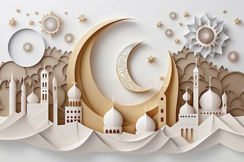 Paper Art. Mosque and Crescent Islamic Moon. Ramadan Concept Stock ...