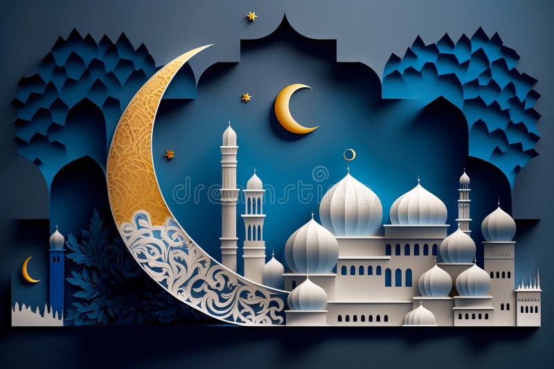 Paper Art. Mosque and Crescent Islamic Moon. Ramadan Concept Stock ...