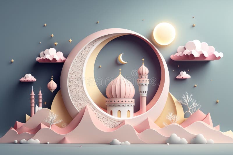 Paper Art of a Mosque and Moon, Generative AI Stock Illustration ...