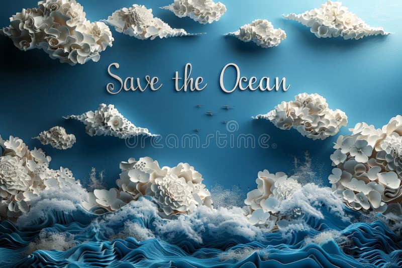 Paper Art of Ocean Conservation with Waves and Floral Clouds ...