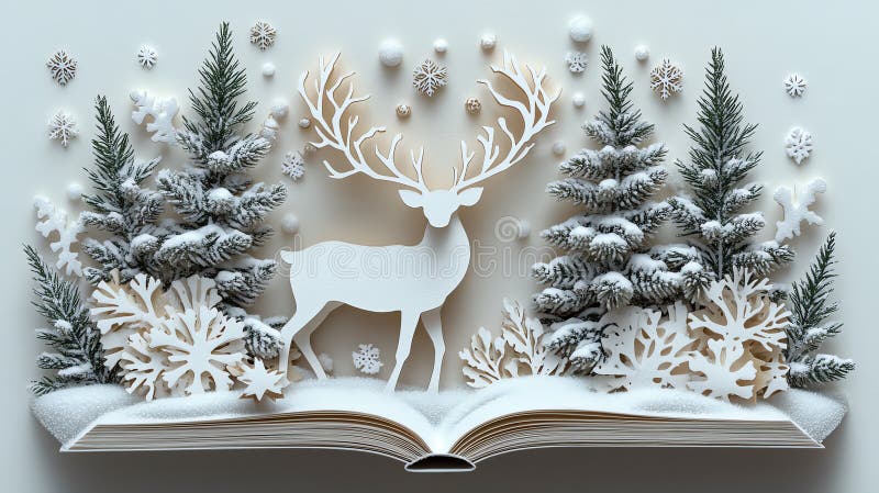 A Paper Art Scene Featuring a Deer among Frosty Trees and an Open Book ...