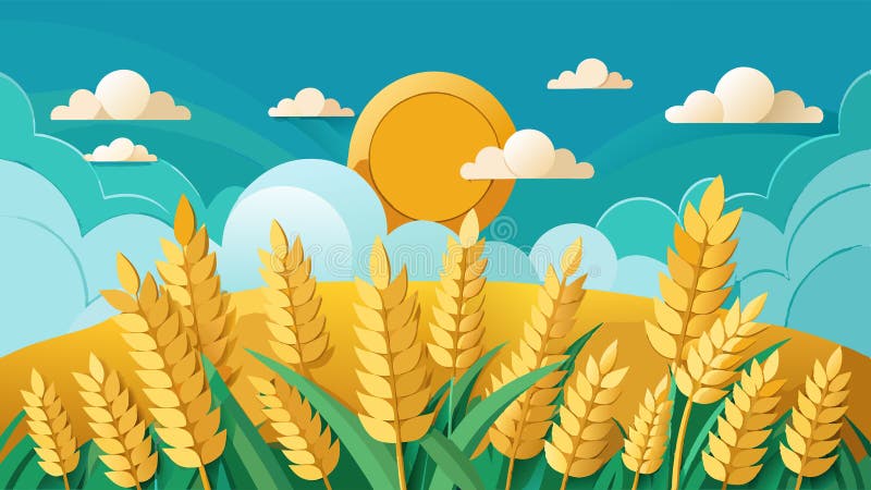 Paper Art Style Barley Field with Sun and Cloud Background Stock Vector ...