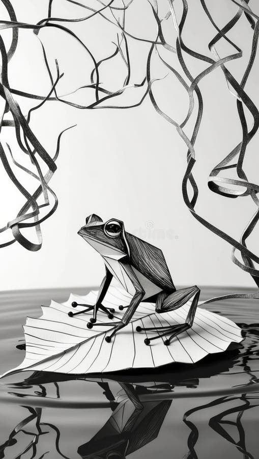 Paper Art Style Illustration of a Frog Sitting on a Large Floating Leaf ...