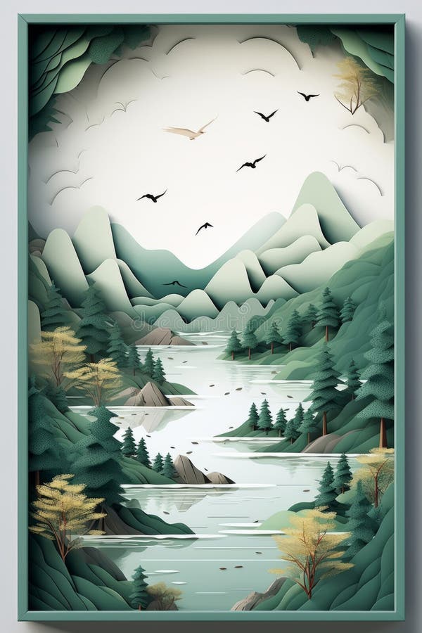 A Paper Art Style Illustration of a River with Trees and Birds Stock ...