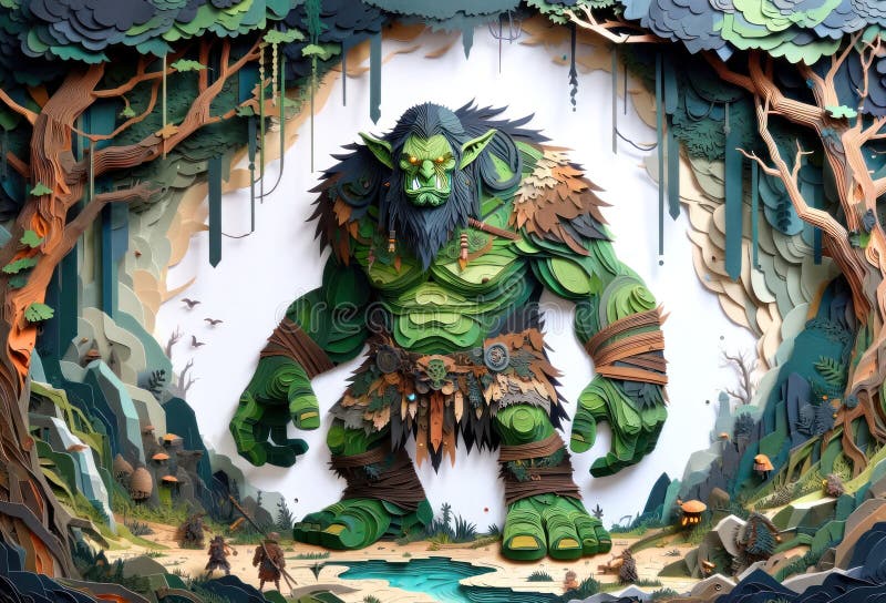 Paper Art Style Ogre in Forest Stock Illustration - Illustration of ...