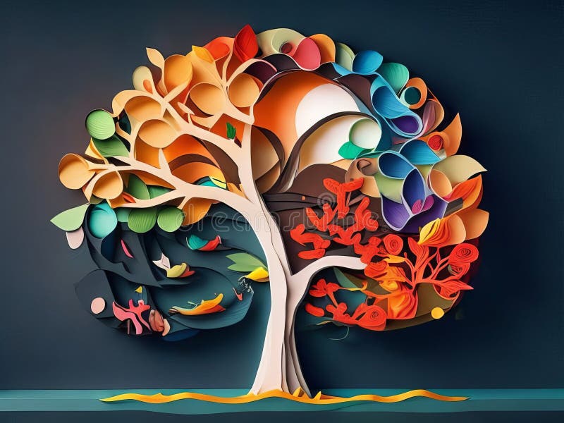 A Paper Art of a Tree with Colorful Leaves. Stock Illustration ...