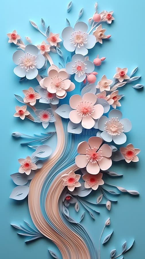 A Paper Art of a Tree with Pink Flowers. Generative AI Image. Stock ...