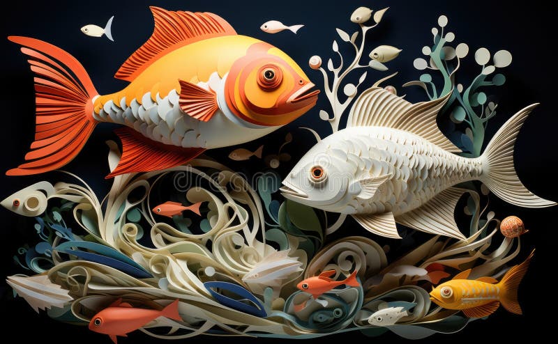 Paper Art of Two Fish Swimming in the Ocean, AI Stock Photo - Image of ...