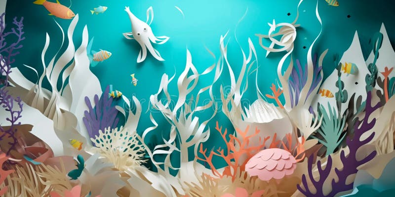Paper Art Underwater Scene with Different Sea Creatures and Plants ...