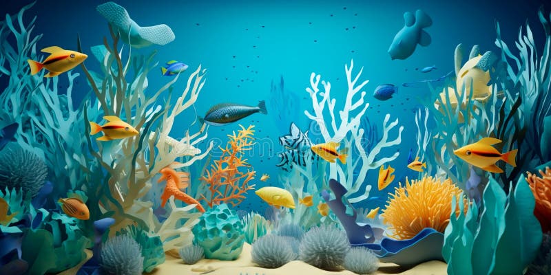 Paper Art Underwater Scene with Different Sea Creatures and Plants ...