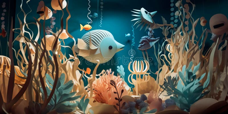 Paper Art Underwater Scene with Different Sea Creatures and Plants ...