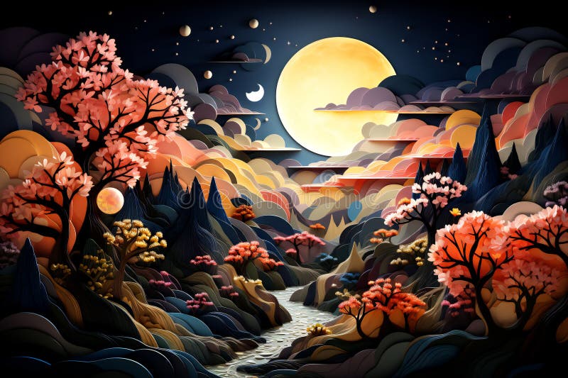 A Paper Art Work of Moon, in the Style of Vibrant Illustrations Stock ...