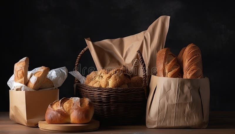 Paper Bag with Bread and Basket of Pastry. Generative Ai Stock ...