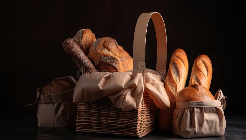 Paper Bag with Bread and Basket of Pastry. Generative Ai Stock ...