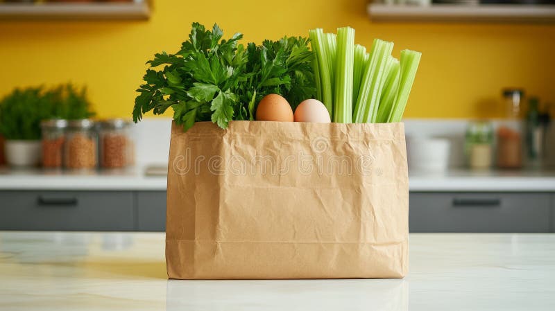 Paper Bag with Celery, Parsley, and Eggs on a Kitchen Counter. Stock ...