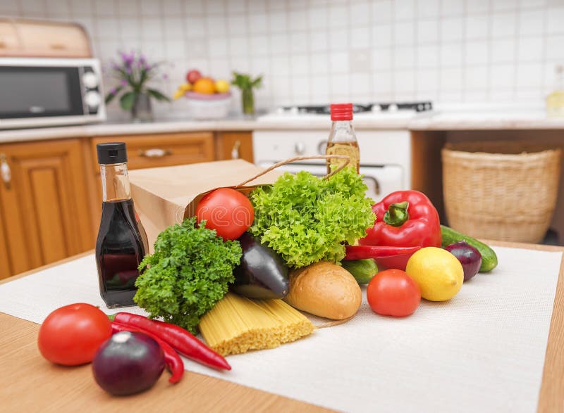Paper Bag with Food in the Kitchen. Stock Photo - Image of diet, bread ...