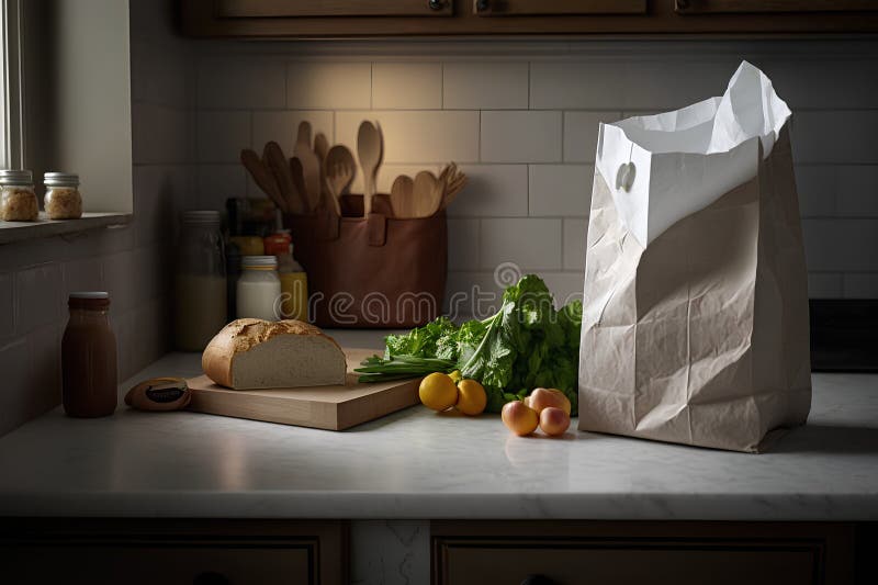 Paper Bag with Food on the Kitchen Table. 3d Rendering Stock ...